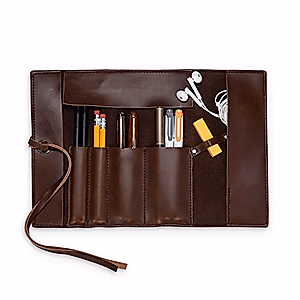 ECHSRT Leather Pencil Case Roll Up Bag Pencil Pouch Wrap Foldable Tool Roll Supplies Art Stuff Organizer Vintage Gift for Office Artist Adults, Brown
