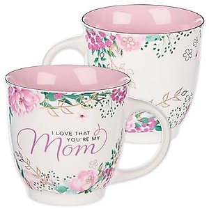 Christian Art Gifts Ceramic Coffee and Tea Mug 14 oz Encouraging Novelty Mug for Mother's: I Love That You’re My Mom | Lead and Cadmium-free, Non-toxic, White and Pink Floral Coffee Cup