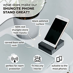 Karelian Heritage Shungite Phone Stand with a Wire Slot | EMF Protection for Cell Phone Plate | Black Shungite Polished 5G Shield Natural Stone Stand | Mobile Phone Protection for Home Office OP24