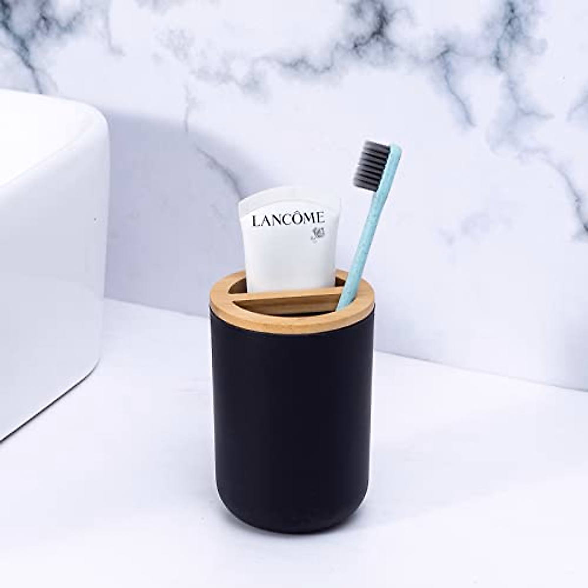 6PCS Bathroom Accessories Set - with Toothbrush Holder, Toothbrush Cup, Soap Dispenser, Soap Dish, Toilet Brush Holder, Trash Can Practical Toilet Kit for Home Washing Room (Black)