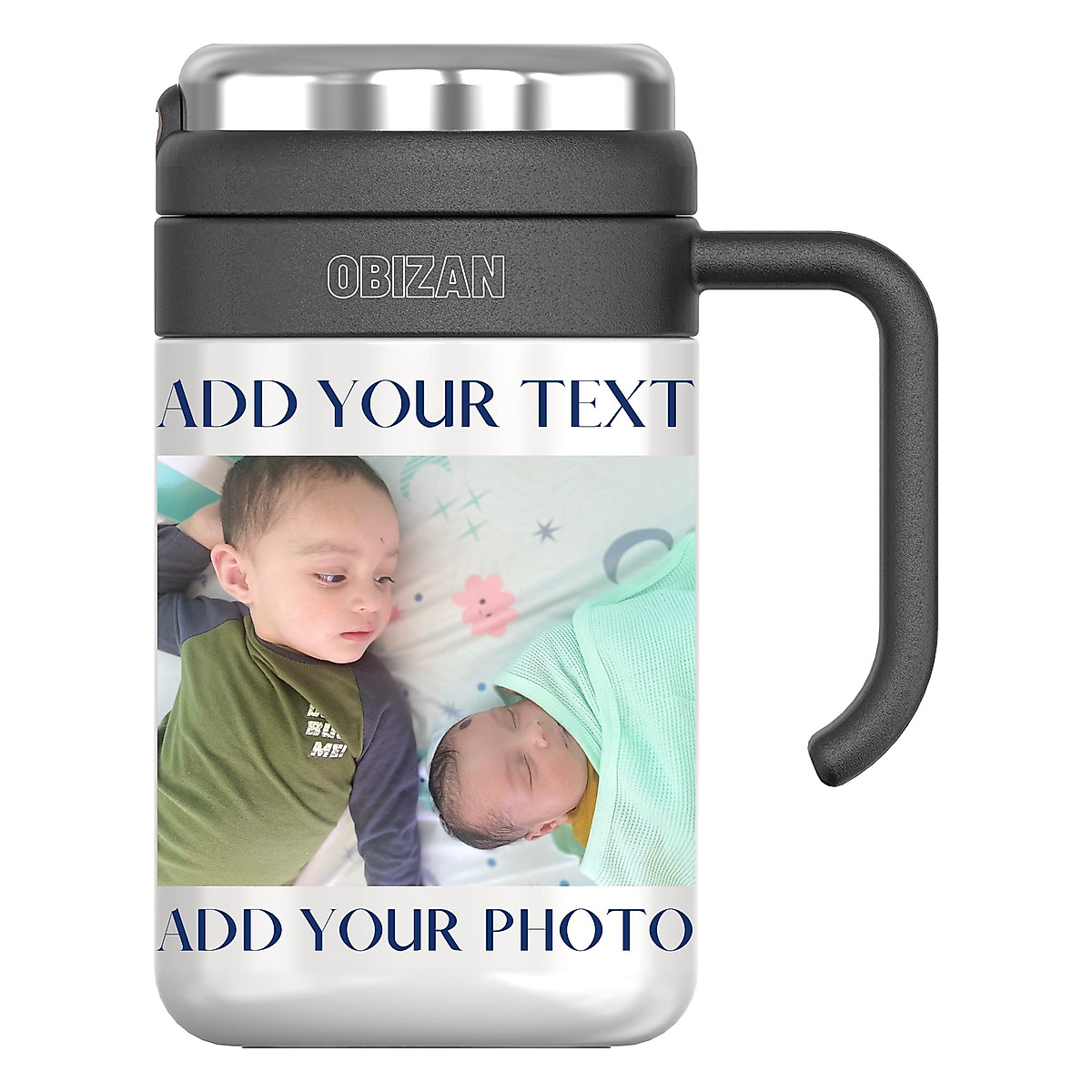 OBIZAN Personalized Tumbler Photo Mug - Insulated Custom Tumbler Coffee Mug with Photo, Text, Logo - Customized Gift Flask - 20oz Stainless Steel - Double Walled Travel Thermos with Handle