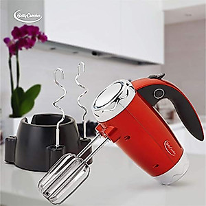 Betty Crocker 7 Speed Hand Mixer with Stand with Chrome Beater and Hooks, Metallic Red, BC-2208CMR, 6.06*8.66*6.65