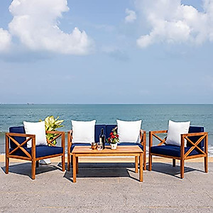Safavieh PAT7031E Collection Nunzio Teak 4 Pc Accent Outdoor Set, Natural/Navy + Solid Pillow