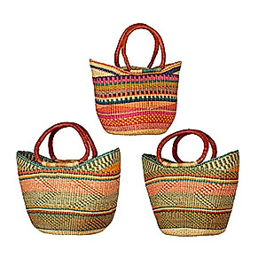 Handmade In Ghana Basket, 15" - 17'' Across Bolgatanga U- Shaped Multi-colored African Market Basket Home Décor Basket, Two Leather Wrapped Handle Storage Multi-purpose Basket (Large 18"-20")