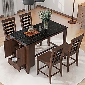KLMM Retro Solid Wood 5-Piece Counter Height Dining Table Set with Faux Marble Tabletop,Storage Cabinet and Drawer,for Small Places Dining Room Use (Dark Walnut@Drawer)