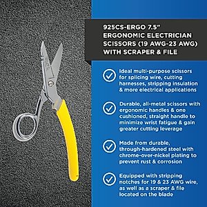 Miller 925CS-ERGO Ergonomic Metal Electrician Splicing Scissors with Scraper and File, Easily Portable Electrician Scissors for Working Technicians,