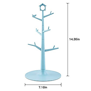 World Backyard 6 Mugs Holder Tree Cups Hanging Stand (Blue with Bird & House Sign)