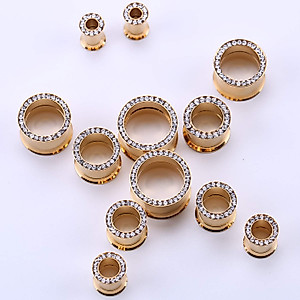 WBRWP 2pcs Hollow Gold Stainless Steel with Zircon Screw Ear Plugs Tunnels - Ear Expander - Ear Gauges Stretcher Body Piercing Jewelry 0g(8mm)