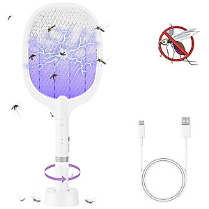 Electric Fly Swatter Rechargeable 4000V High-Volt Bug Zapper Racket, 2-in-1 Detachable Bug Swatter Mosquito Killer with Purple Light & 3-Layer Safety Nets Portable Fly Zapper for Indoor Outdoor
