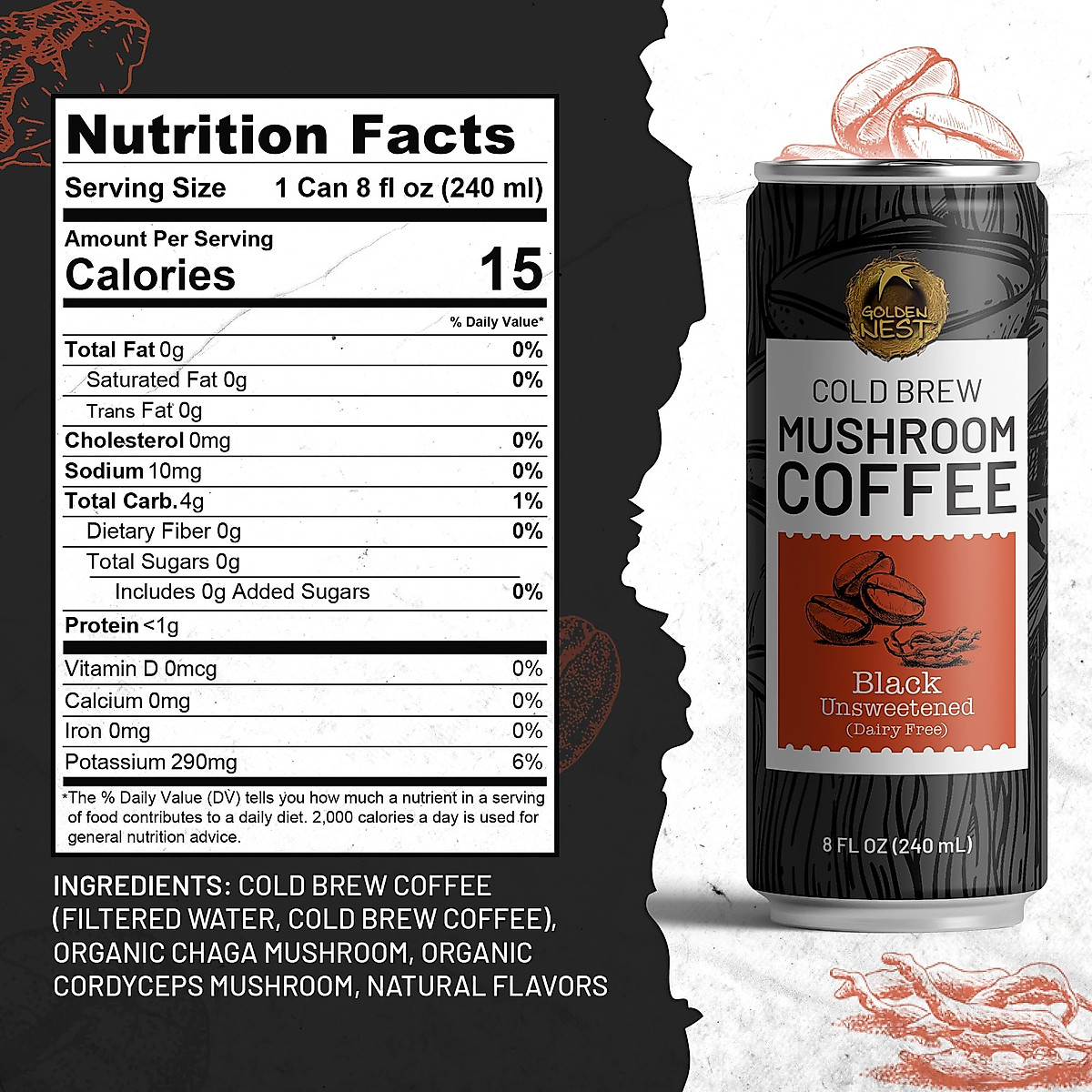 Golden Nest Cold Brew Mushroom Coffee | Ready to Drink Cold Brew Coffee with Organic Chaga & Cordyceps Mushroom | All Natural No Preservatives Dairy-Free | 8 Fl Oz Can (Black Unsweetened, 8 FL Oz (Pack of 6))