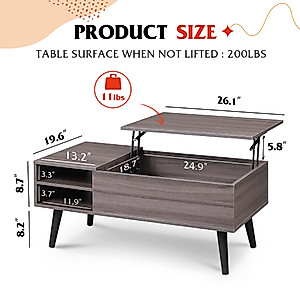 WLIVE Lift Top Coffee Table with Storage for Living Room,Small Hidden Compartment and Adjustable Shelf,Mid Century, Modern ,Wood,Grey
