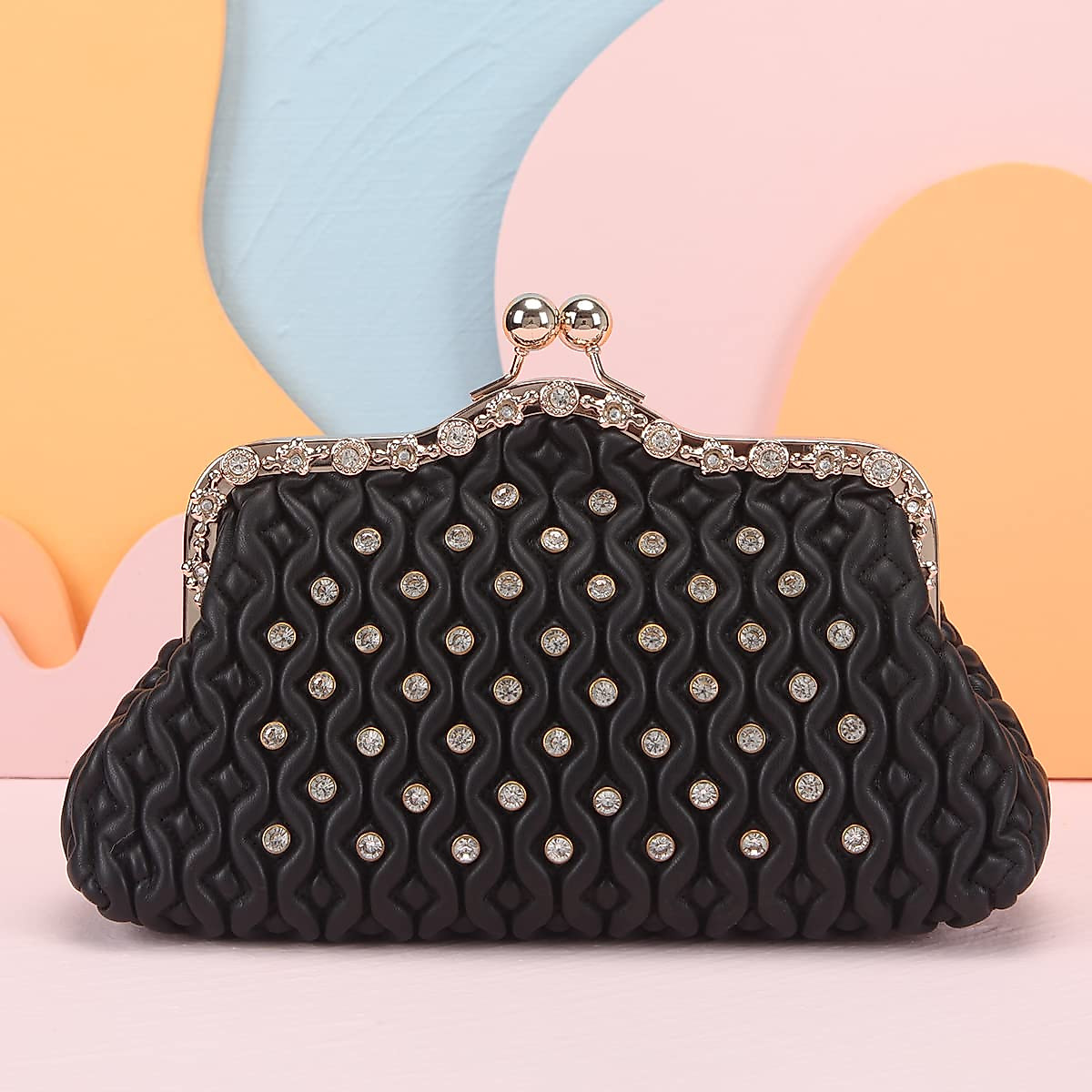 Fawziya Evening Clutch Purses For Women Formal Kiss Lock Crystal Leather Shoulder Bag-Black