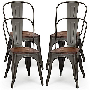 GOFLAME Set of 4 Metal Dining Chairs with Wood Top Seat, Tolix Style Stackable Bistro Cafe Side Chair, Indoor Outdoor Dining Chairs with High Backrest, Perfect for Living Room, Restaurant (Gun)