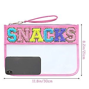 dark swan 1PCS Chenille Patch Nylon Pouch,Clear Waterproof Snacks Bag,With Preppy &Letter Double Sided Patches Multi-purpose Makeup Travel Bag for Women Girls