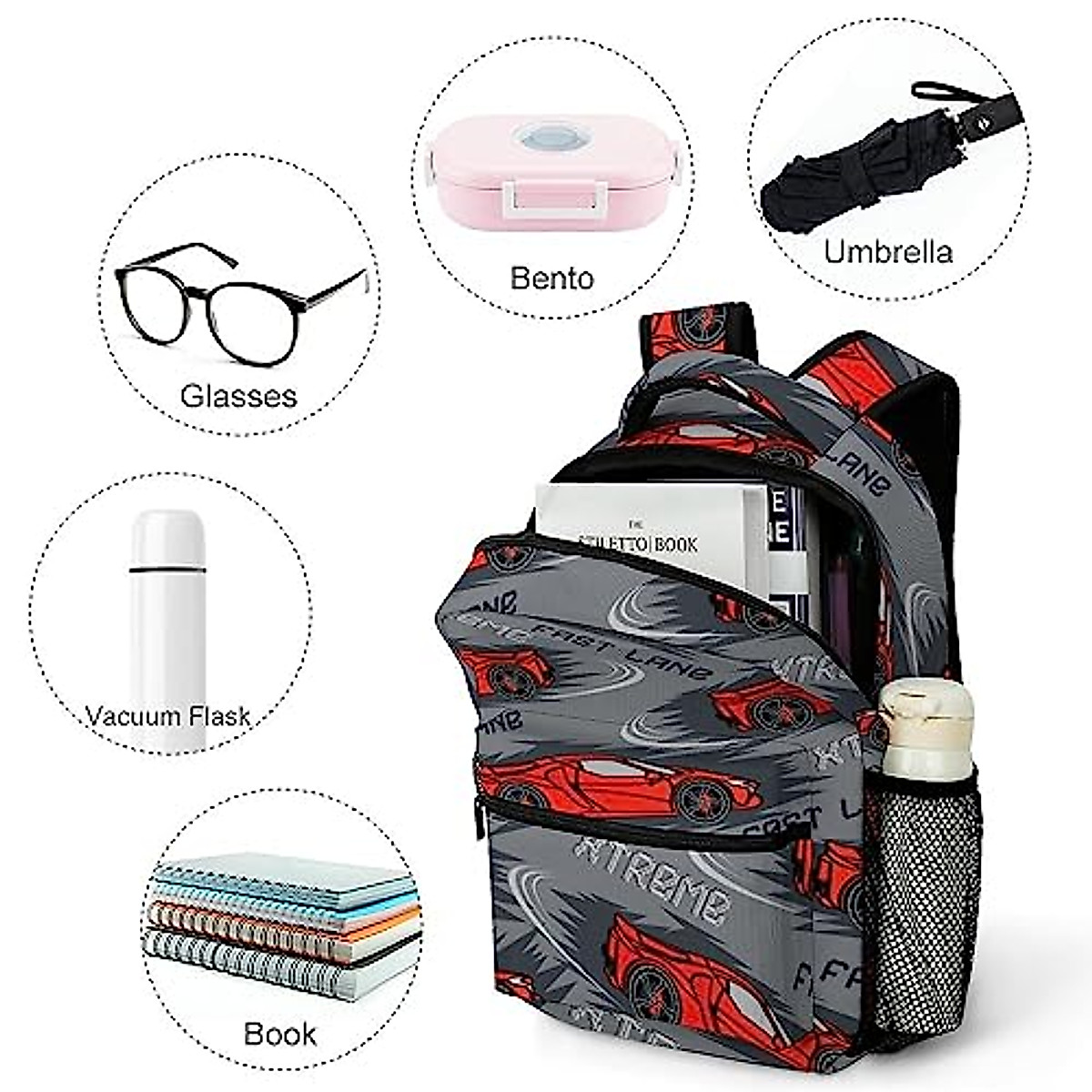MEIKKO Abstract Speed Race Car Backpack Cartoon Large Computer Bags with Chest Strap,Lightweight Casual Daypack for Women Men Hiking Travel Work and Business 16 Inch