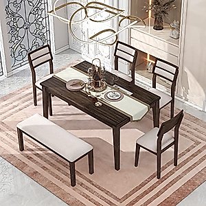 Goozio Piece, Wood Dining 4 Upholstered Chairs and Bench with Cushion, Classic Traditional Style Kitchen Table Set for 6 Person,Espresso