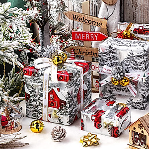 LeZakaa Christmas Wrapping Paper - Silver Metallic Foil with Snowman/Red Truck with Tree/Red House/Tree with Snow Design for Gift Wrap, Craft - 30 x 120 inches - 4 Rolls