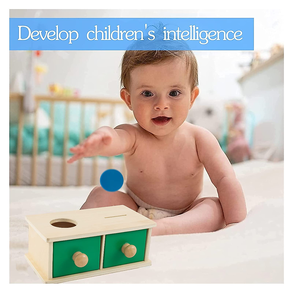 2 in 1 Mon-tessori Wooden Coins Balls Matching Box with 2 Drawers- Wood Coin Box with 5 Coins Object Permanence Box with 1 Wood Ball Preschool Learning Toys for Baby Toddler Infant Educational Gifts