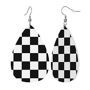 Checkerboard Chess Board Flag Faux Leather Teardrop Earrings for Women Drop Dangle Earrings Gift