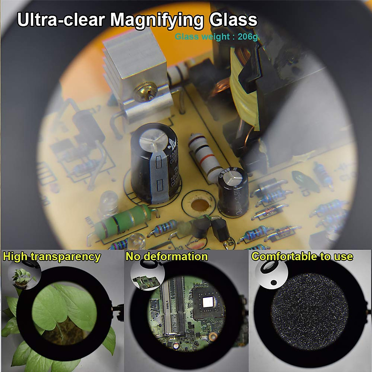 Magnifying Glass Desk Lamp with 3-Section Swing Arm and Big Clamp, Magnifying Glass with Light and Clamp, 8X Wide Desk Magnifier Light for Reading/Office/Soldering/Nail Beauty