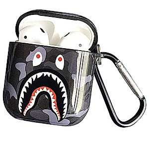 Shark Teeth Softshell Silicone Camouflage Airpods Case, IMD Case Shockproof Case Skin with Key Ring, Suitable for Apple Airpods 1 & 2 Charging Box (Black)