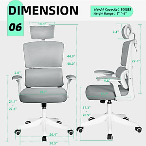 Ergonomic Office Chair Lumbar Support, High Back Office Chair with Adjustable Headrest and Arms, Mesh Computer Desk Chair Tilt Function, Swivel Task Chair 300lbs for Home Office, Grey
