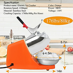 Electric Ice Crusher with Dual Blades,300W Electric Ice Shaver Machine (176lbs/80kg Per Hour,2200rpm) with Cover and Bowl 110V Electric Snow Cone Maker for Shaved Ice,Margaritas,Home Commercial Use