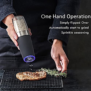 Gravity Electric Salt and Pepper Grinder Mill [Set of 2] with Blue LED Light. Flip to Grind. One Hand Operation, Adjustable Coarseness. Includes Stand, Spoon and Brush. Automatic Battery Powered
