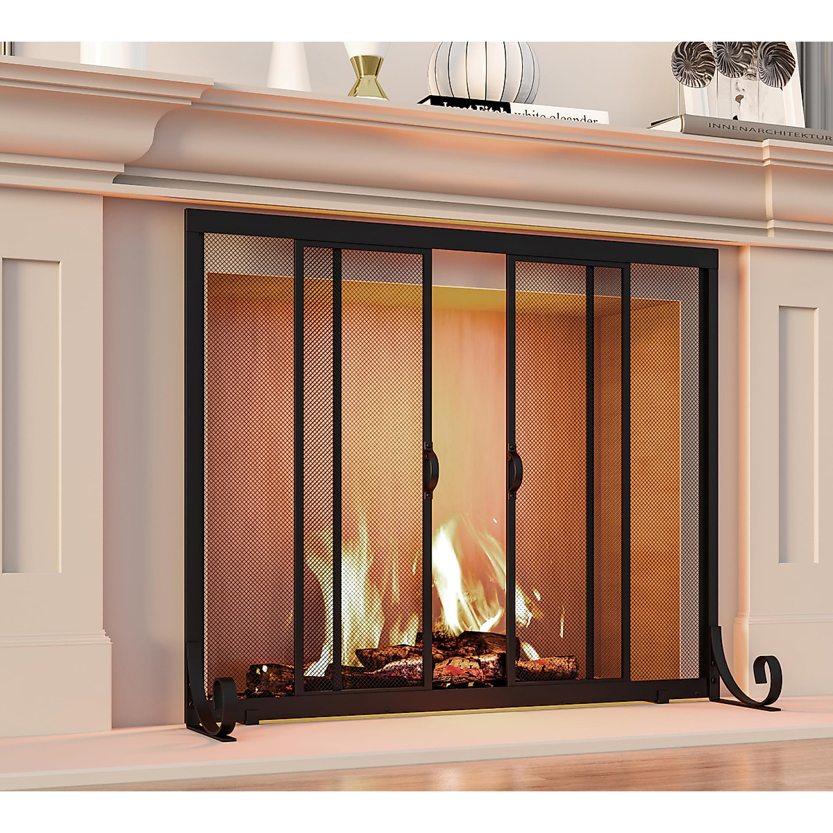 Fire Beauty Fireplace Screen, Wrought Iron Mesh, Baby Safe Spark Guard Protector with 2-Doors Large Flat Guard Screens (37.8 x 30.7 Inch)