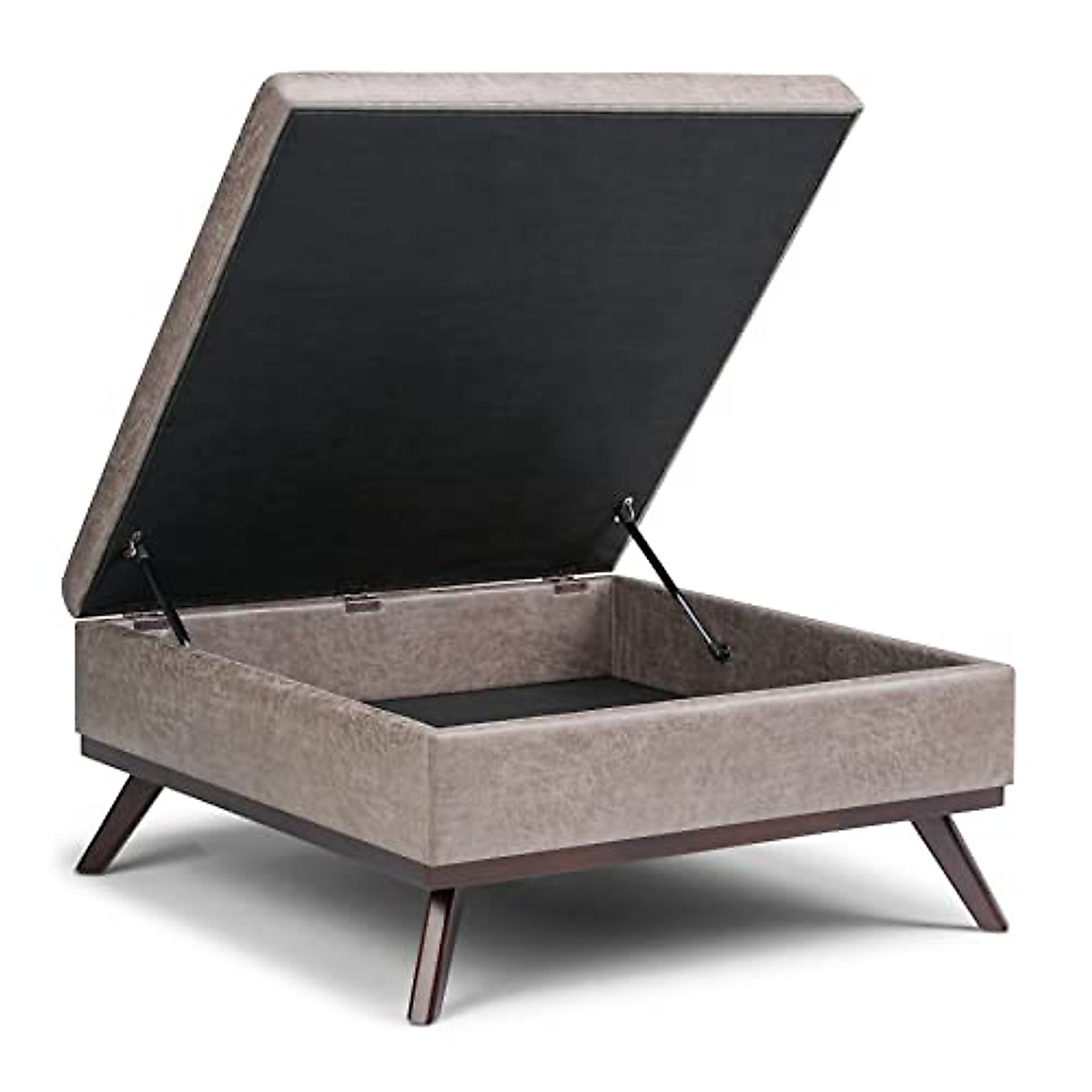 SIMPLIHOME Owen 36 Inch Wide Mid Century Modern Square Coffee Table Lift Top Storage Ottoman in Upholstered Distressed Grey Taupe Faux Leather, For the Living Room