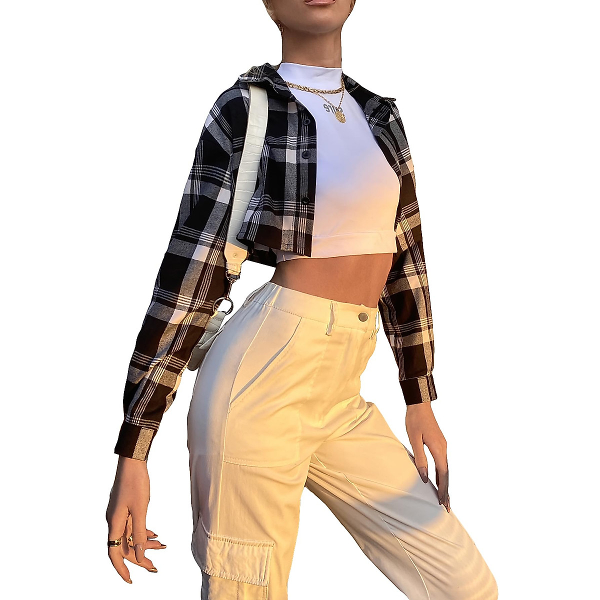 Floerns Women's Long Sleeve Collar Button Down Plaid Crop Top Blouse Black and White M