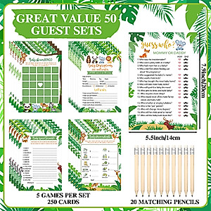 Patelai 321 Pcs Baby Shower Games Supplies, 5 Sets (50 Cards Each) Activities Cards with 20 Pencils 1 Don't Say Baby Sign 50 Clothespin(Jungle Style)