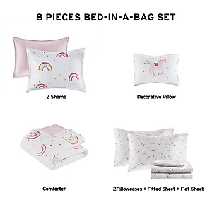 MI ZONE KIDS Bedding Set, Alicia Unicorn Full Comforter Set with Sheet, 8 Piece, White, All Season, Fun, Whimsical Metallic Rainbow