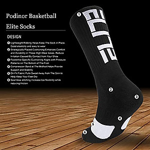 Podinor Elite Basketball Crew Socks for Men and Women, Cushion Performance Athletic Black Basketball Socks