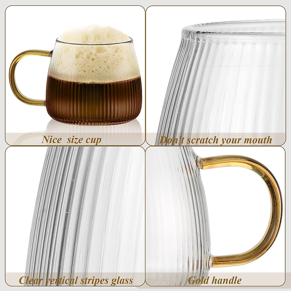 8 Pcs Glass Coffee Mugs 12.5 oz Clear Mugs for Hot Beverages Ribbed Espresso Cups Glass Coffee Cups in Vertical Stripes with Light Yellow Handle Vintage Glass Coffee Cups for Tea Latte Milk Juice
