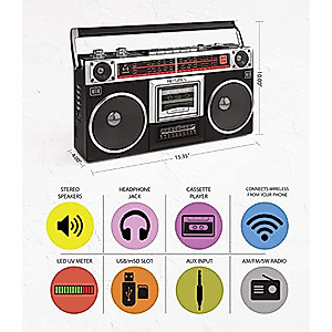 Riptunes Boombox Radio Cassette Player Recorder, AM/FM -SW1/SW2 Radio, Wireless Streaming, USB/Micro SD Slots, Aux in, Headphone Jack, Convert Cassettes to USB/SD, Classic 80s Style Retro, Black
