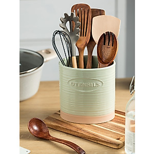 YHOSSEUN Kitchen Utensil Holder, Ceramic Utensil Holder for Kitchen Counter Cooking Utensil Crocks, 6.7" Kitchen Tool Holder Farmhouse Utensil Organizer Storage, Oval Opening, Green