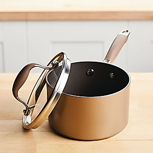 Anolon Advanced Home Hard Anodized Nonstick Sauce Pan/Saucepan with Straining and Lid, 2 Quart (2 Qt Covered Saucepan, Bronze)