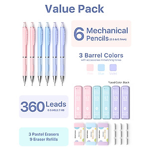 FourCandies Pastel Mechanical Pencil Set - 6PCS 0.5mm&0.7mm Mechanical Pencils with 360PCS HB Lead Refills, 3PCS Erasers and 9PCS Eraser Refills, Cute Colored Mechanical Pencils for Drawing & Writing