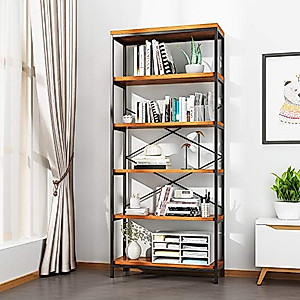 Solid Open Book Shelves, 71 Tall Modern Bookshelf 6 Foot, Free Standing Display Shelving Unit, 5 Tier Industrial Bookcase for Living Room Bedroom - Black Metal Frame & Rustic Cherry Wooden Shelves