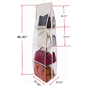 Amelitory Hanging Handbags Holder for Closet 4 Shelf Purse Bags Storage 8 Compartment Dust-Proof Organizer Beige