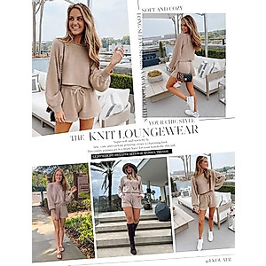 Ekouaer Knit Pajamas Set for Women Lounge Sets Long Sleeve Sweatsuit Matching 2 Piece Outfits Cute Sweater Sets Apricot M