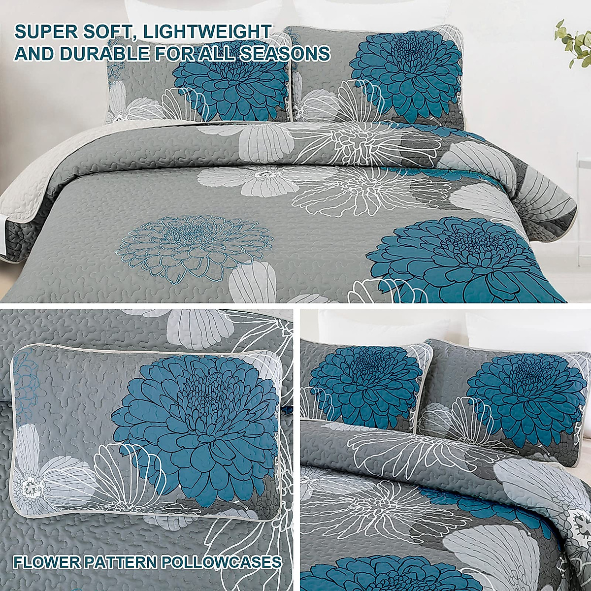 Floral Quilt Set Queen Blue Boho Bedspread 3 Pieces Soft Lightweight Coverlet with 2 Pillow Shams for All Season 96"x90"