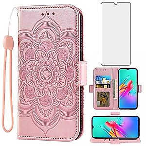 Asuwish Phone Case for Infinix Smart 5/Hot 10 Lite Wallet Cover with Tempered Glass Screen Protector and Leather Flip Credit Card Holder Stand Flower Folio Cell Accessories X657B Women Men Rose Gold