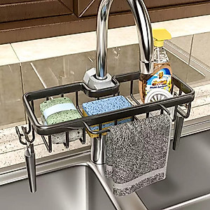 Sponge Holder for Kitchen Sink Faucet Caddy Upgraded Organizer with Dish Towels Drying Rack & Hooks Over Faucet Hanging Faucet Drain Rack for Sink Organizer (Square-with dishcloth rack, Black)