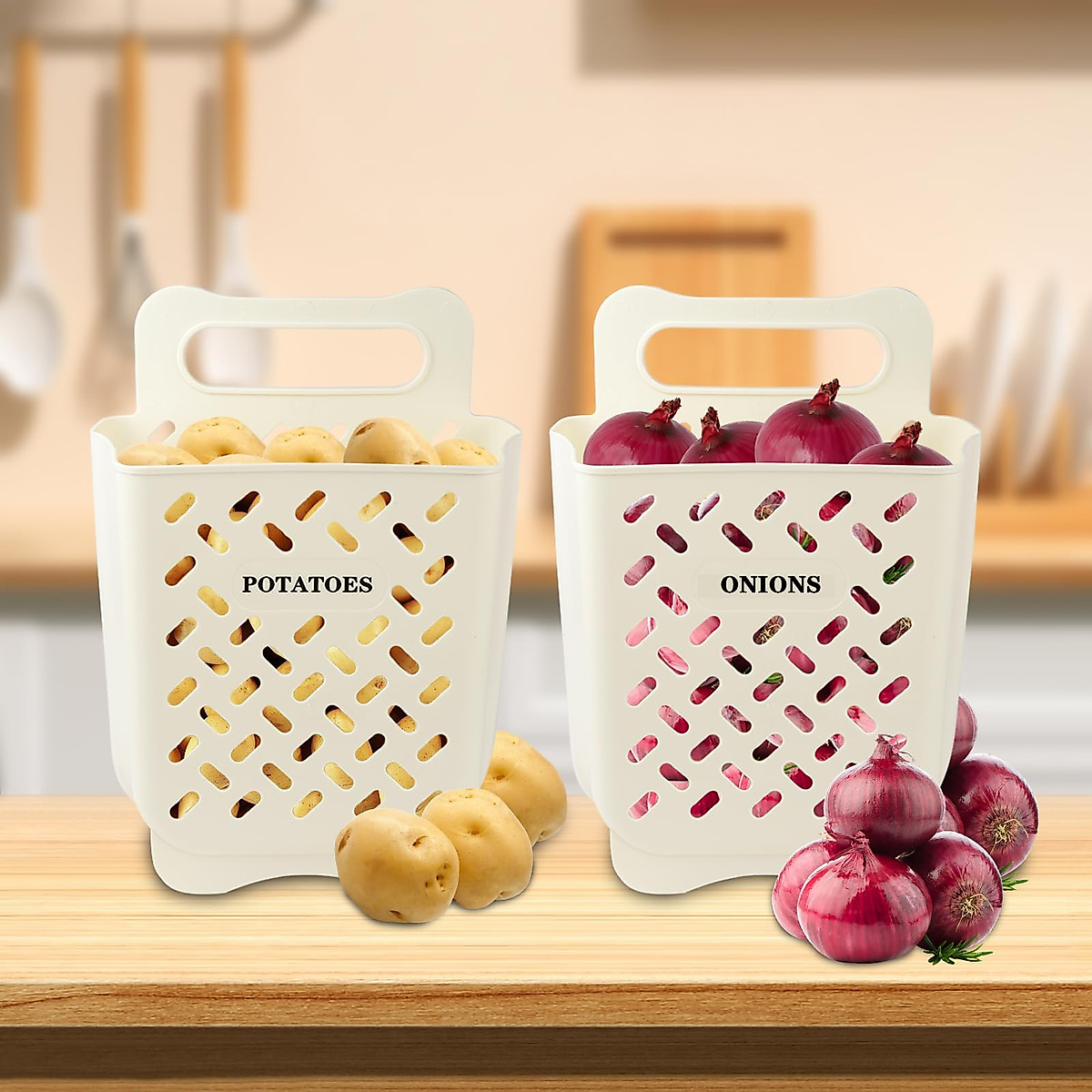 Onion Potato Storage 2 Set Potato and Onion Bins Foldable Plastic Pantry Storage Large Capacity Laundry Basket Kitchen Countertop Organizer With Handles for Onion, Fruit, Produce, Vegetable, Potato