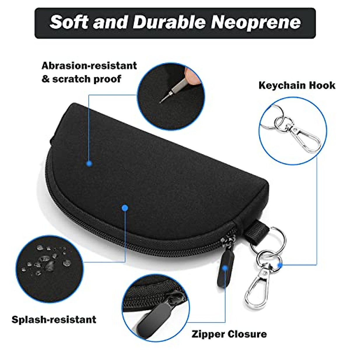MoKo 𝑵𝒆𝒘𝒆𝒔𝒕 Sunglass Case Portable Glasses Case, 3 Pack Zipper Eyeglass Case Lightweight Soft Sunglass Pouch with Keychain Hook Design for Outdoor Travelling, Black