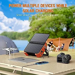 BROWEY Portable Power Station with 30W Solar Panel, 614.4Wh LiFePO4 Battery Backup,110V/600W(Peak 1200W) Pure Sine Wave AC Outlet, Solar Generator for Outdoor Camping, RV Travel（Orange)