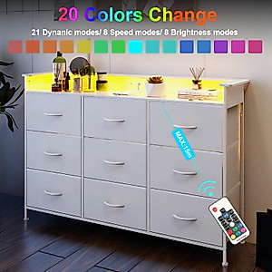 EXOTICA White Dresser with LED Light for Bedroom 9 Drawer Dressers with Charging Station Chests of Drawers for Entryway Closet Living Room Hallway Sturdy Steel Frame Wooden Top Easy Pull Handle