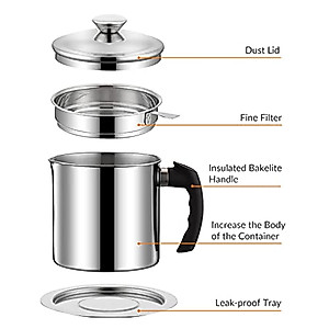 Tellshun Bacon Grease Container with Strainer 1.3 L / 44 oz Stainless Steel Cooking Oil Keeper with Lid and Tray Easy-Grip Handle Suitable for Storing Frying Oil and Cooking Grease (1.3, Silver)
